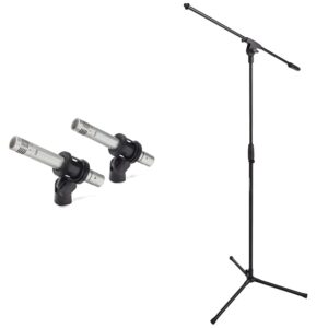 samson pencil condenser microphones (sam c02pr) and amazon basics adjustable boom height microphone stand with tripod base - black