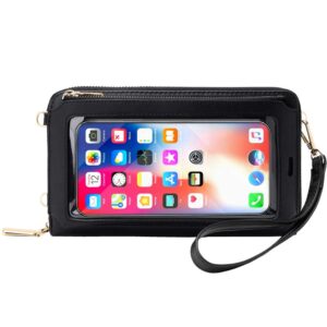 small touch screen phone bag for women, zipper crossbody purse leather shoulder bag rfid blocking wallet handbag(t-black)