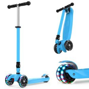 immek kick scooter for kids 3 wheels folding ages 3-12 years old toddler with three led light wheel, adjustable height, rear brake, outdoor activities for boys/girls maximum weight 110 lb (blue)