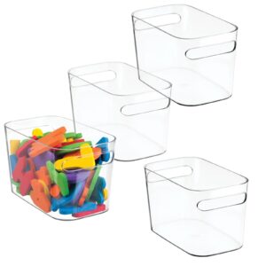 mdesign deep plastic toy bin with handles - storage organizer for kid nursery, playroom, classroom - hold books, action figures, blocks, crayons, dolls - 10" long, aura collection, 4 pack, clear