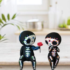 efitty sugar skull couple figurine sculptures statues ornaments for home garden indoor outdoor, crafts resin cute sugar skull couple statue with flower, home wedding decoration gifts for couples (a)