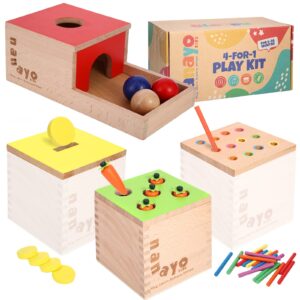 nanayo 4-for-1 play kit includes object permanence box, montessori coin carrot harvest game, matchstick color drop game – toys for babies 6-12 months, 1 year, 2 year and 3