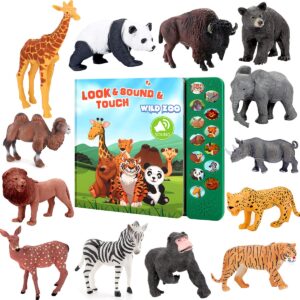 tudoccy safari animals figures toys - 13 realistic wild plastic animal figurines & kids sound book - educational learning toys gift for 3 years old & up boys girls toddlers