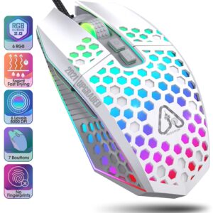 ricestkcn gaming mouse pc gaming mice - honeycomb mouse gamer rgb gamingmouse wired ergonomic 6 levels up to 8000 dpi 7 programmable buttons 7 backlight modes for pc laptop mac windows vista (white)