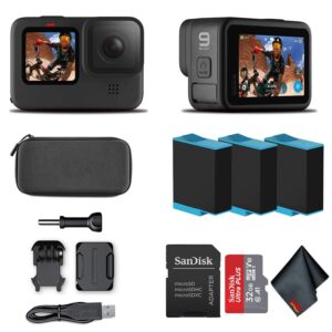 gopro hero9 black - waterproof action camera with front lcd and touch rear screens, 5k hd video, 20mp photos, 1080p live streaming, stabilization + 32gb card and 2 extra batteries