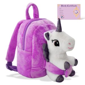 pet plush unicorn stuffed animals backpack w/removable stuffed unicorn plush toy & birth certificate for small girls 3-4 - 5 years old - little girl backpack - stuffed animals for girls - purple