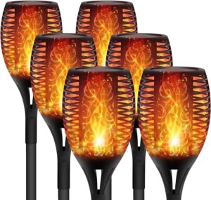 banuque solar torch light with flickering flame, solar powered outdoor garden path stake lights for landscape patio walkway yard driveway（6 pack