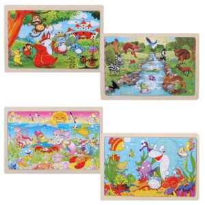 24 pieces wooden puzzles for kids ages 3-8 preschool educational learning animal-marine world jigsaw toy for boy and girl gift (4 puzzles)