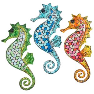 maansfy seahorse wall decor mosaic glass art metal sculpture hanging decorations set of 3 for home garden bedroom patio