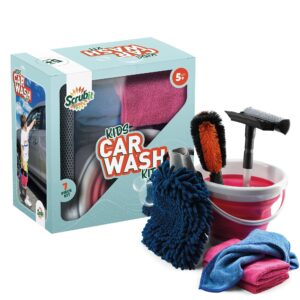 kids car wash activity kit – 7 kid-sized carwash accessories gifts for boys & girls ages 5 6 7 8-10 - outdoor fun toys – set includes bucket, squeegee, microfiber mitt, wheel brush, 3 cleaning cloths