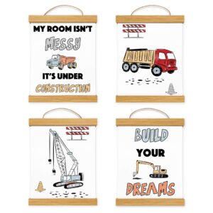 framed sweet jojo designs construction truck wall art prints room decor for baby, nursery, and kids - set of 4 - grey yellow orange red and blue transportation with wooden hanging magnetic frames