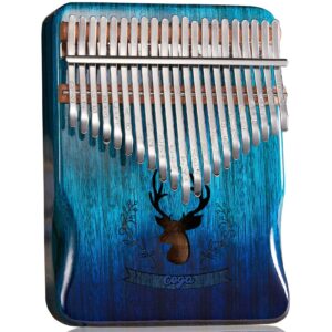 tienclef kalimba thumb piano 21 keys with engraved notes deer pattern handhold cute finger zebrawood solid wood portable musical instrument music book for kids adult beginner (gradual blue)