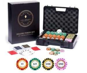 deluxe 300 poker chips set - poker set 300 chips, shock resistant case, 2 tones monte carlo poker chips (14g clay poker chips with denominations, casino chips) 100% pvc cards, cut cards, blackjack set