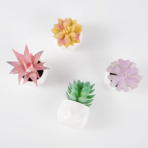 set of 4 mini artificial succulent plants with white geometric ceramic planters faux succulent for bedroom bathroom bookshelf office,wedding home garden decor（red/green/orange yellow/purple）