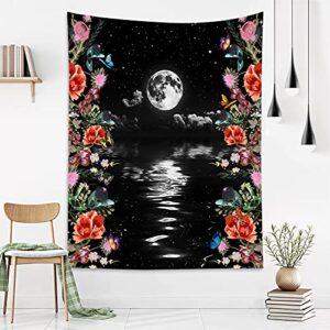 lb full moon over ocean tapestry wall hanging, moonlit garden tapestry, night sky flower plant on black background wall decor for teen bedroom living room dorm home decor, 40 x 60 inches