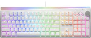 i-rocks k71m rgb mechanical gaming keyboard with media control knob, gateron switches (brown), 107 keys w/full nkro, pbt keycaps, multimedia hotkeys, detachable usb-c cable and onboard storage, white