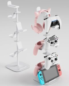 miikare controller holder 6 tiers with headphone holder, adjustable gaming controller headset stand, game controller stand for all xbox ps4 ps5 switch pro crontroller gaming accessories - white