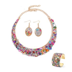 rhinestone collar gold alloy metal necklace for women stone bangle earring jewelry accessories 3pcs sets (3pcs colorful sets)