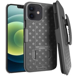 for apple iphone 12 pro /12 case with belt clip holster, kickstand slim cover phone case - black