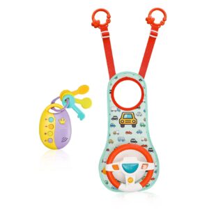 chibon baby car seat toys for infants with mirror & toy keys for toddlers and babies, carseat toys steering wheel with music lights and driving sounds, toddler keys for car remote with car sounds