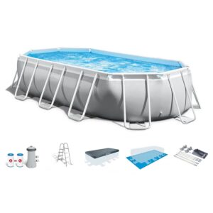 intex 26797eh 20ft x 10ft x 48in 5 person prism frame oval swimming pool set with ladder, cover, ground cloth, filter pump, and protective canopy