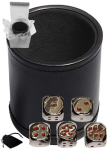 cyber-deals set of dice cup black pu leather w/plush black felt lined + 16mm zinc alloy metal dice, gift boxed (nickel, red)