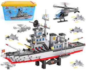 aircraft carrier toy building blocks set with storage box, 1131pcs, army battleship aircraft boat building toy with army helicopter, come with baseplate lid, gifts for kids boys girls 6-12