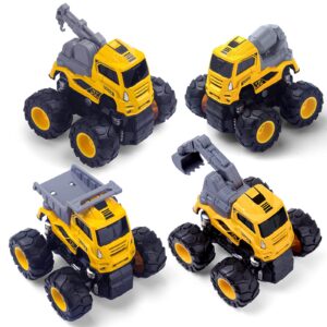 construction truck toys for boys, 4 pack pull back cars with excavator, mixer, crane & dump trucks, friction powered cars pull and go toys, kids party favors gifts for boys & girls for age 3+