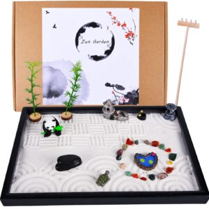 mini zen garden for desk - japanese zen garden kit with panda 10x7- zen pond,sand,chakra stone, accessories - office desk decor meditation gifts with rake tools panda gifts - zen garden for kids