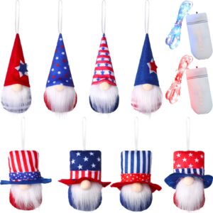 8 pieces patriotic 4th of july gnome ornaments american independence day decorative plush dolls usa classic hanging gnome with 6.6 feet led light chains for home garden decoration, 8 styles