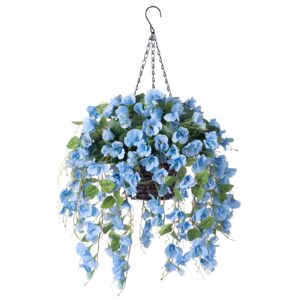 artificial flowers with hanging baskets, fake silk orchid rose flowers plants in baskets, faux flower centerpieces for home decoration outdoor garden yard patio landscaping (white)