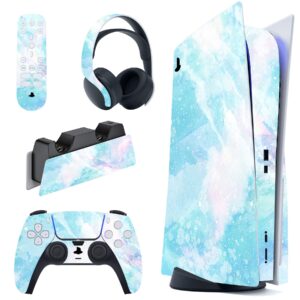 playvital pale blue watercolor full set skin decal for ps5 console disc edition, sticker vinyl decal cover for ps5 controller & charging station & headset & media remote