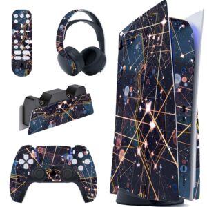 playvital galaxy geometric full set skin decal for ps5 console disc edition, sticker vinyl decal cover for ps5 controller & charging station & headset & media remote