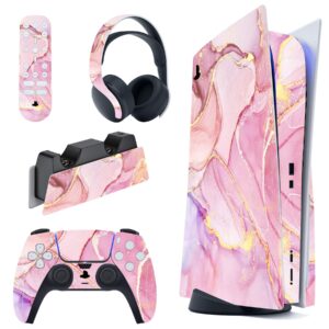 playvital cosmic pink gold marble effect full set skin decal for ps5 console disc edition, sticker cover for ps5 controller & charging station & headset & media remote