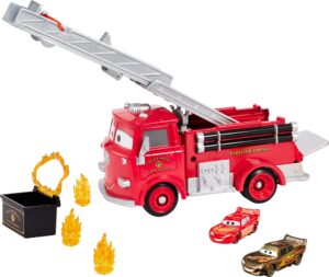 disney cars toys treasure truck set with stunt and splash red firetruck & 2 lightning mcqueen vehicles -1 with color change & 1 golden colored, toy gift for kids age 4 years & older