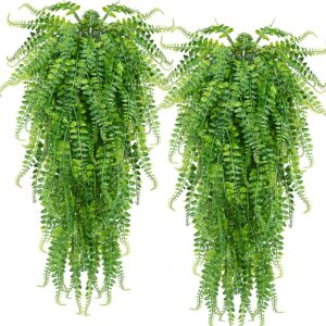 clong 2 pcs artificial hanging ferns plants vine fake ivy boston outdoor uv resistant plastic plants (green)