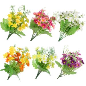 omldggr 6 pieces faux silk daisy artificial flower plastic flowers plants plastic bushes for indoor outside hanging planter home garden decor (yellow, purple, white,orange,pink,green)