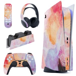 playvital orange pink marble effect full set skin decal for ps5 console disc edition, sticker vinyl cover for ps5 controller & charging station & headset & media remote