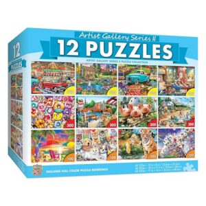 masterpieces 12 pack jigsaw puzzles for adults, family, or kids - artist gallery bundle with 100, 200, and 300 piece puzzles