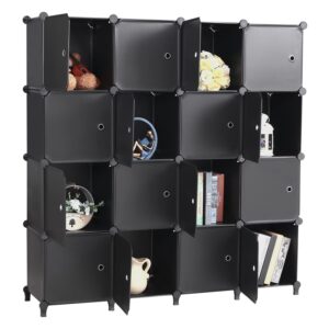 anwbroad cube storage organizer, 16-cube modular diy book shelf with doors, closet clothes organizer, plastic storage cubbies cabinet for living room bedroom office black ulcs16bm