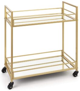 displays2go rolling metal bar cart, mirrored glass shelves, four swiveling casters - gold (fsbevcart1)