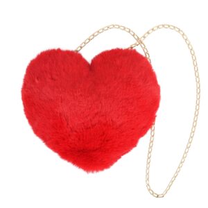 heart shaped handbag plush shoulder bag clutch purse with metal chain strap (red)