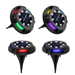 jhbox solar ground lights outdoor waterproof for garden decor 4 pack 12 led lights, christmas decorations sturdy color changing solar disk lights for deck, yard, pathway, (top cold light)