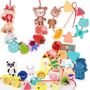 57 pcs lacing beads wooden primary string threading beads animals fruits lacing toy preschool fine motor skills montessori educational toy for 3 4 5 6 7 8 years old kids boys girls