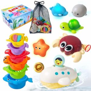 bath toys gifts for age 3 4 5 6 7 8+ years old kids boys girls toddlers - swim pool bathtub tub toys for toddlers summer, stacking cup with wind up water toys for baby birthday christmas