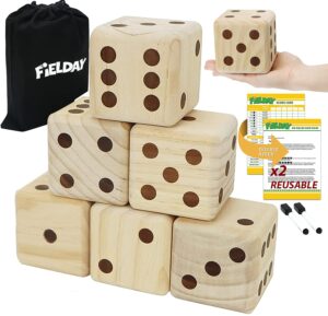 joyin 3.5 inch giant wood yard dice large dice game set with 6 wooden dice, 2 double sided score sheets, dry erase marker, and a durable storage bag, good yard games for kids and adults