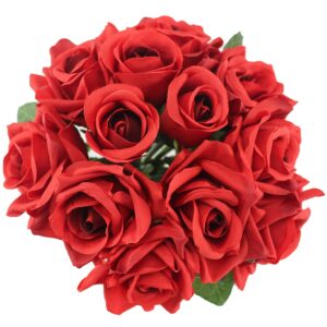 artificial silk rose flower,12 pcs real looking fake roses with stems, for wedding bouquets diy home party decoration garden background decor (red)