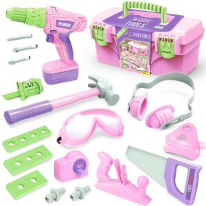 kids tool set, girls tool set pretend play construction toy tool with tool box, toddler tool set with electric toy drill for toddler boy girl kid child tool toy pink ages 3+