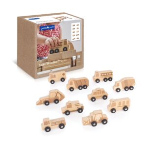 guidecraft mini wooden trucks - set of 10: toddlers toy set, cement mixer, fire truck, police car, taxi car, school bus, dump truck, ambulance, fork lift, front loader and farm truck set