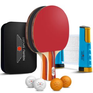 nibiru sport professional ping pong paddle set (2-player) - table tennis paddles set of 2 with retractable net, 4 balls, and carry bag/storage case - table tennis equipment & ping pong accessories